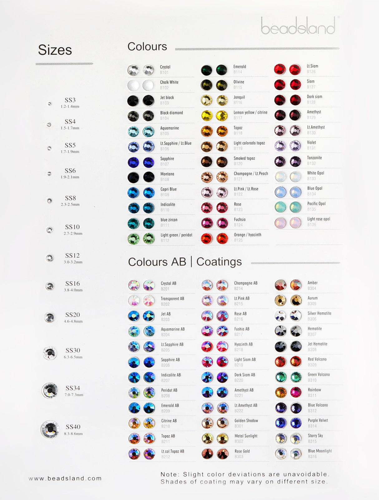 Beadsland Flat Back Rhinestones Sample Card Color Chart